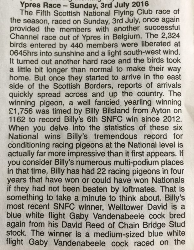Billy Bilsland in British Homing World, May 19th 2017 - Pigeon Vitality
