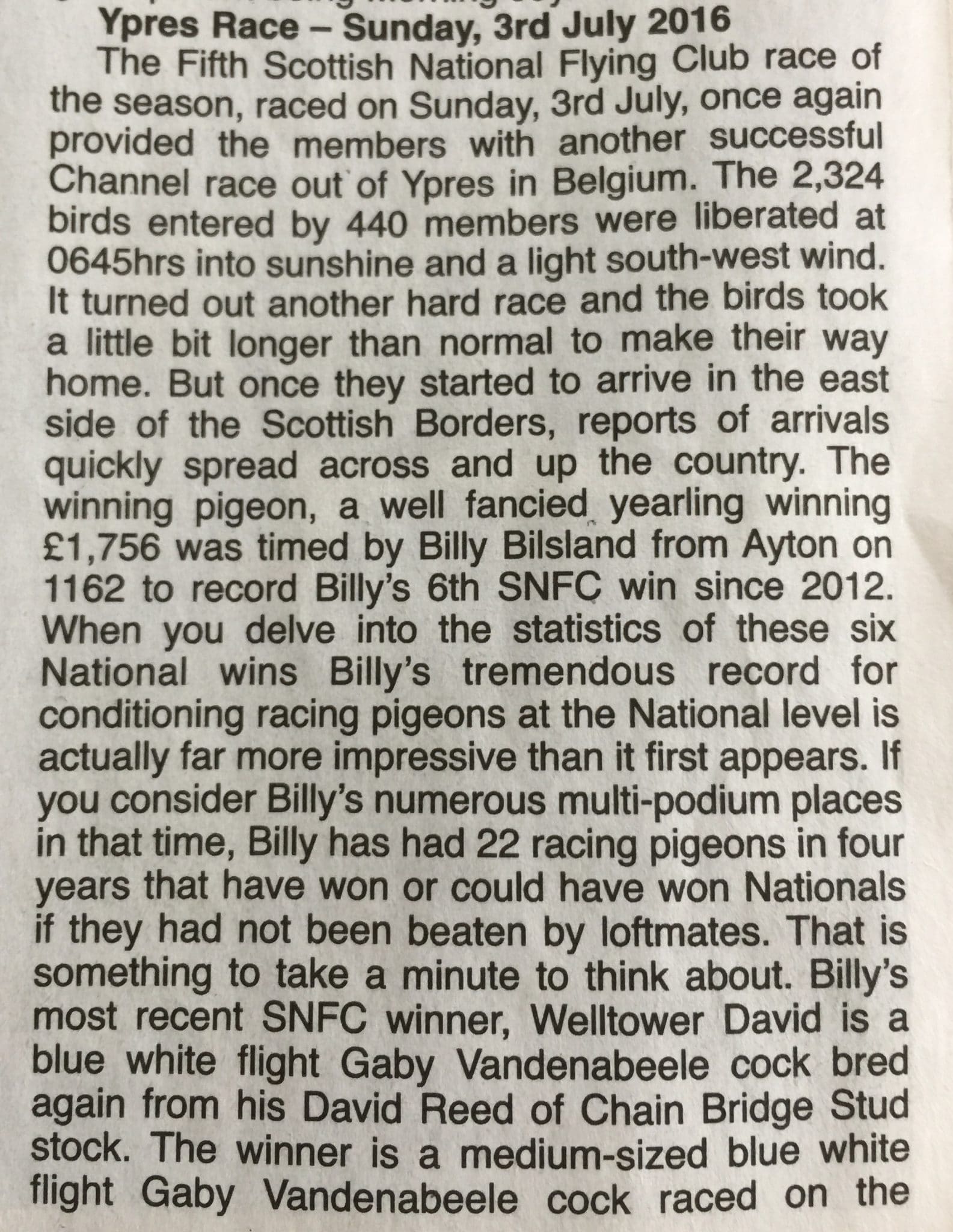 Billy Bilsland in British Homing World, May 19th 2017 - Pigeon Vitality